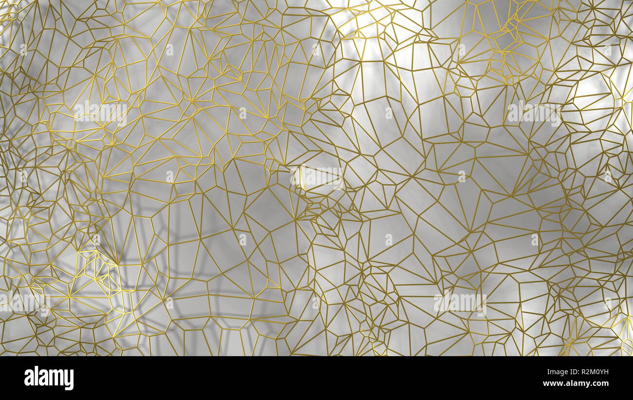 3d render, golden modern wall made by golden wire, random clusters ...