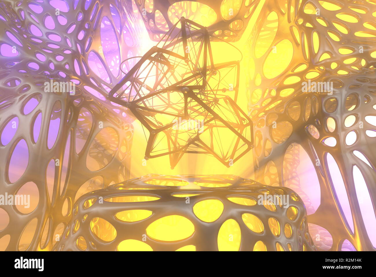 Abstract 3d rendering concept of high poly atomic sphere with chaotic ...