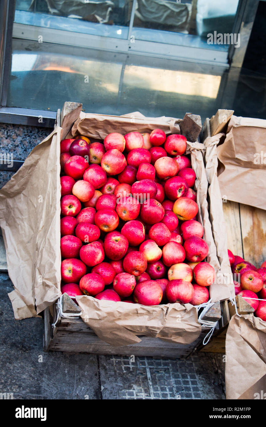 Red apples in box crate baskets Stock Photo - Alamy