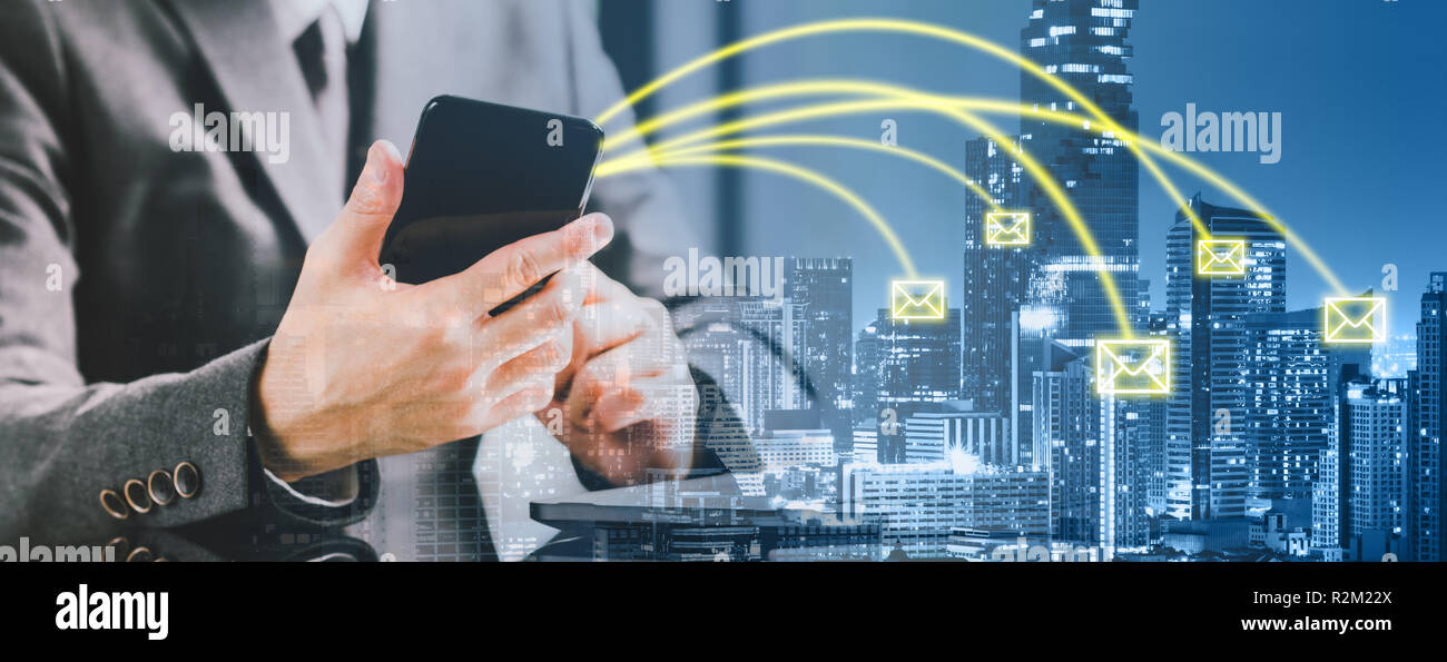 Double exposure banner of entrepreneur businessman using smartphone ...