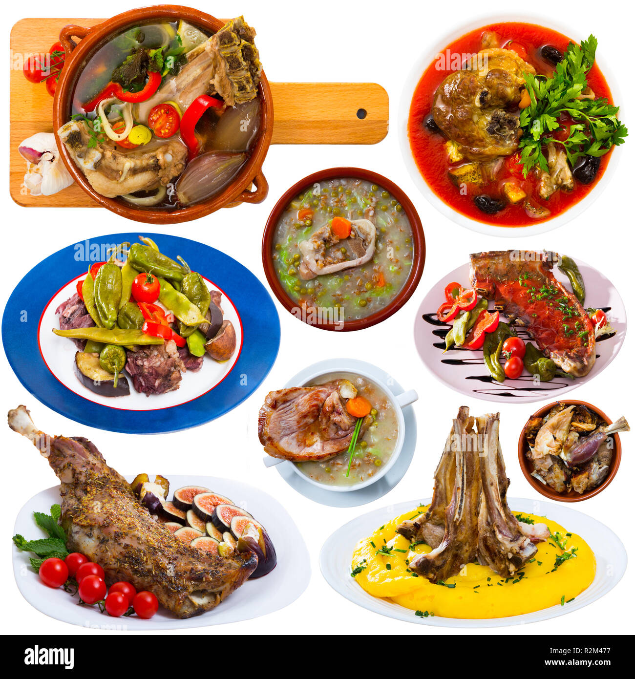 Collection of delicious mutton meals on white background Stock Photo ...