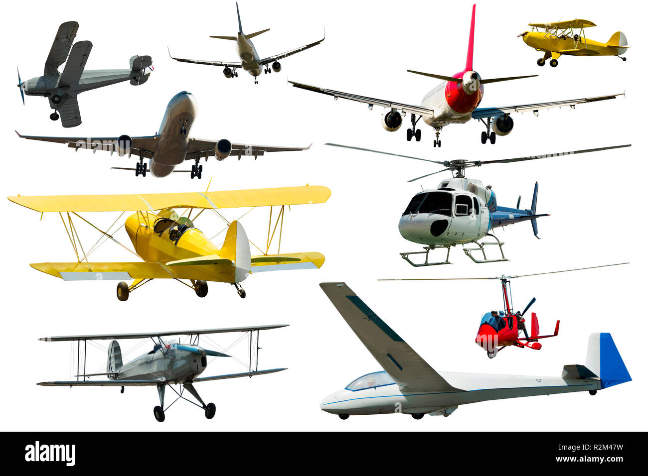 Collage of different modern airplanes isolated on white background ...