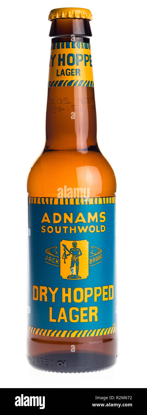 Bottle of English Adnams Dry Hopped Lager beer isolated on a white ...