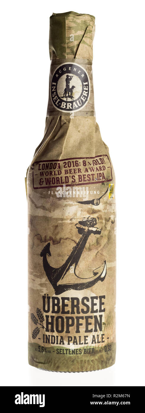 Bottle of german Rugener Ubersee Hopfen IPA beer isolated on a white ...