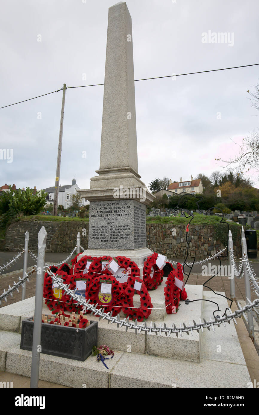 Poppy display at St Mary's Parish Church in Appledore, Devon Stock ...