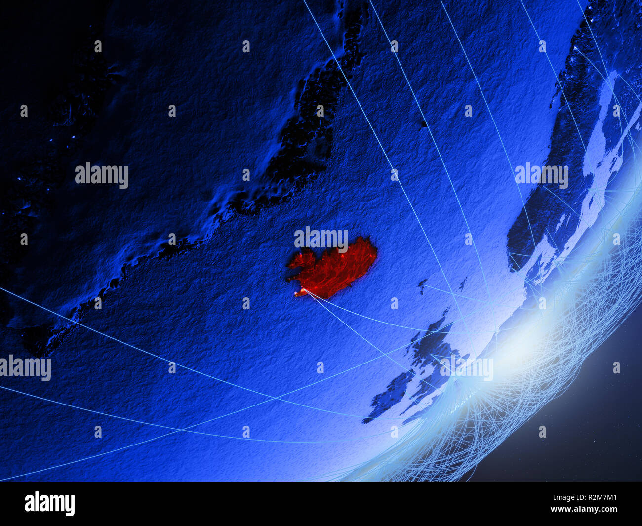 Iceland on green model of planet Earth with network at night. Concept ...