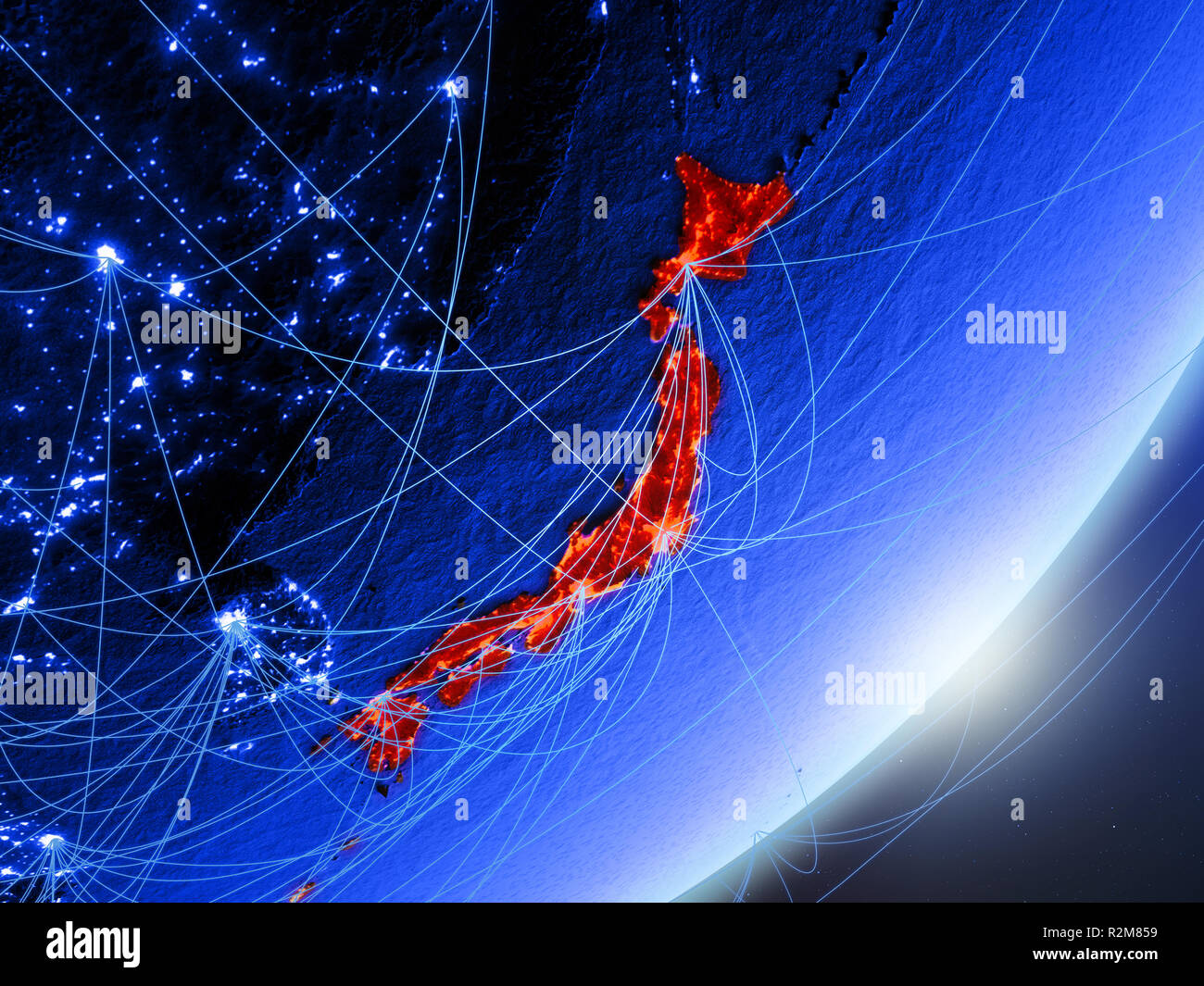 Japan on green model of planet Earth with network at night. Concept of ...