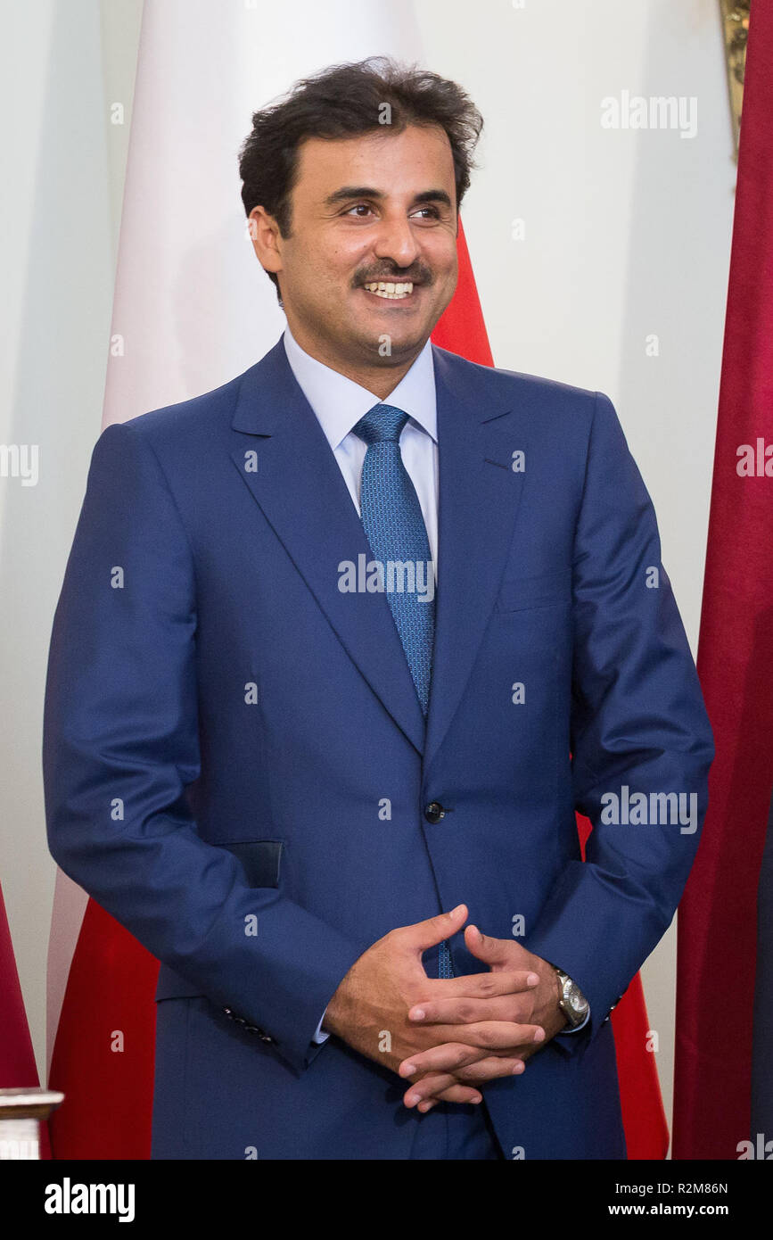Emir of Qatar Tamim bin Hamad Al Thani during the press conference at ...