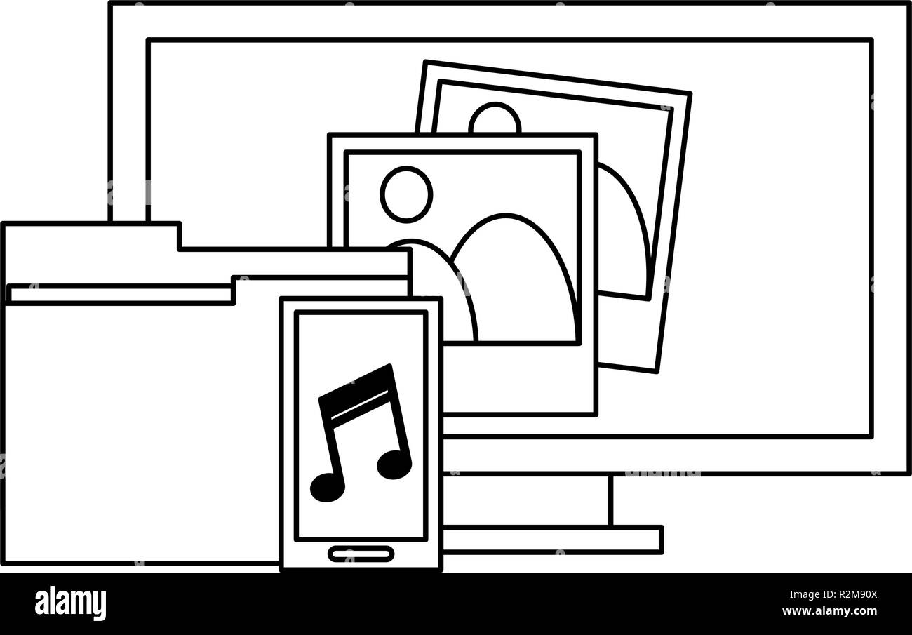 Computer and smartphone with photos and music vector illustration ...