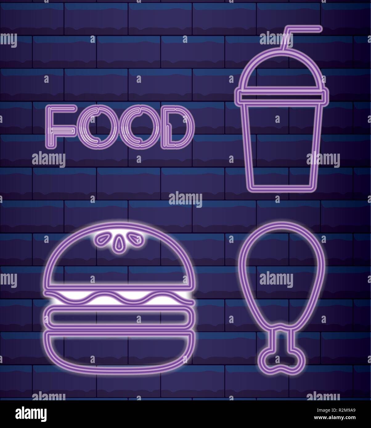 set fast food neon light label vector illustration design Stock Vector ...