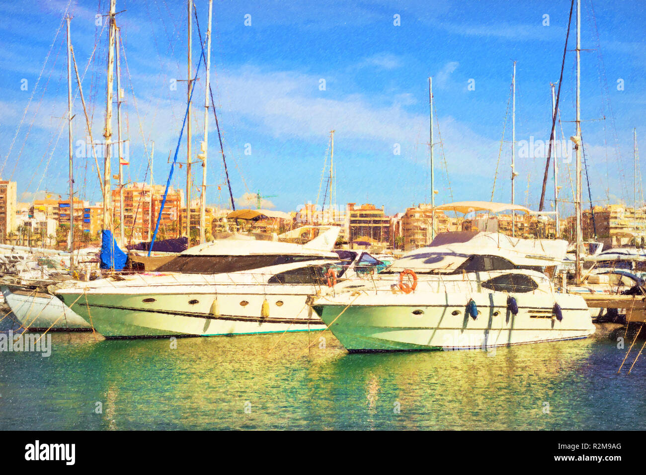 Yachts and boats parked at pier in port Marina of Torrevieja. Bay with ...
