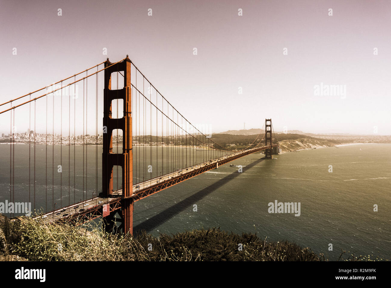 Golden gate bridge at sunset aerial view, san francisco hi-res stock ...