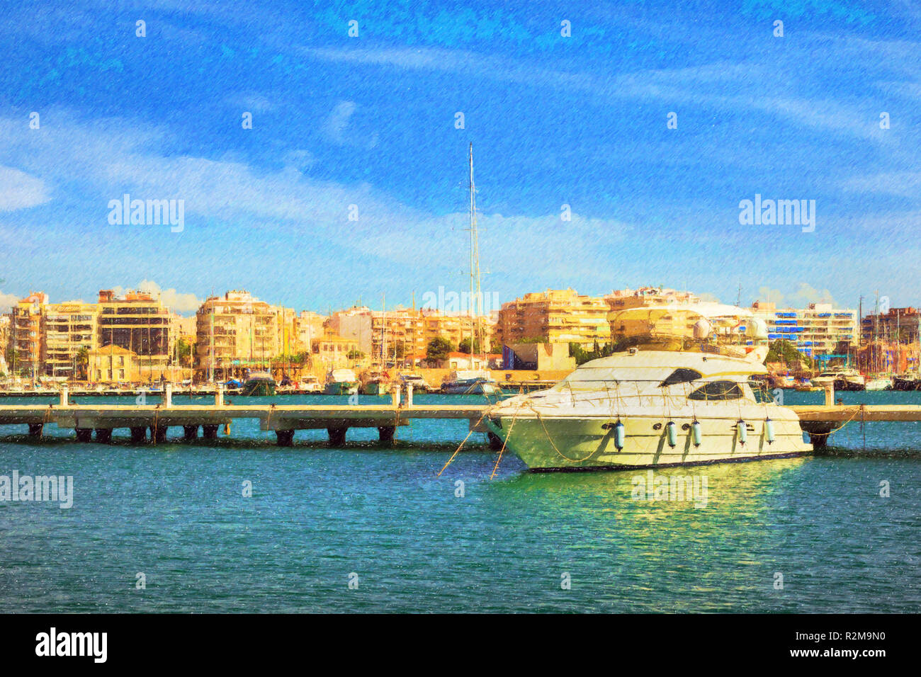 Yachts and boats parked at pier in port Marina of Torrevieja. Bay with ...
