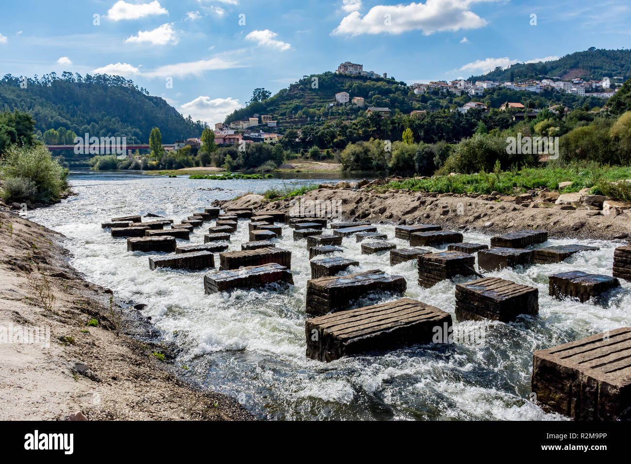 Rock ramp fish pass on the Rio Mondego in Portugal, installed to allow ...