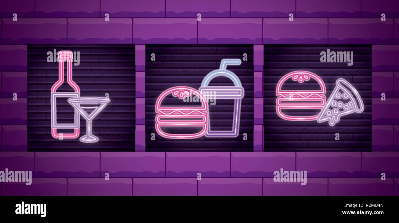 set of fast food neon light label vector illustration design Stock ...