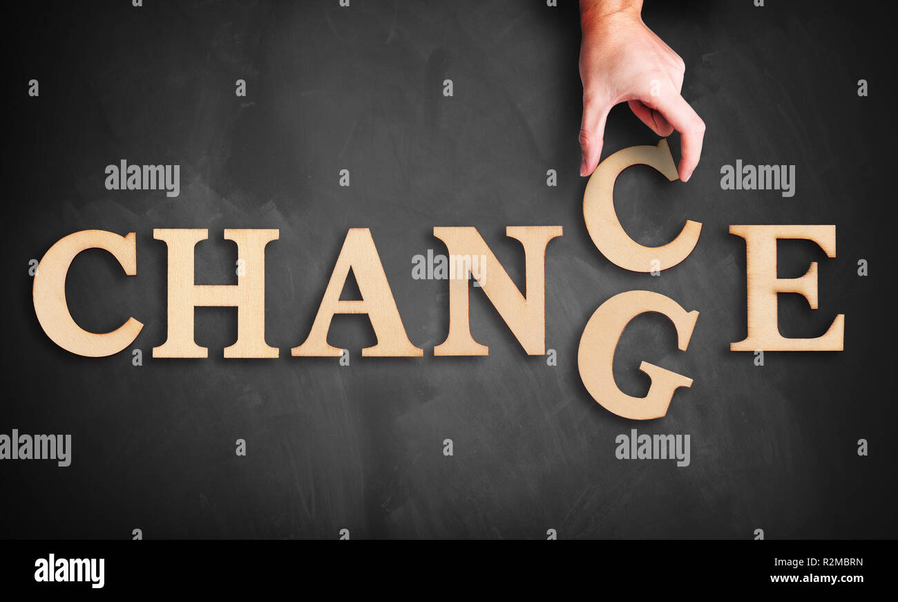 hand is moving a wooden letter, turning the word "change" to "chance ...