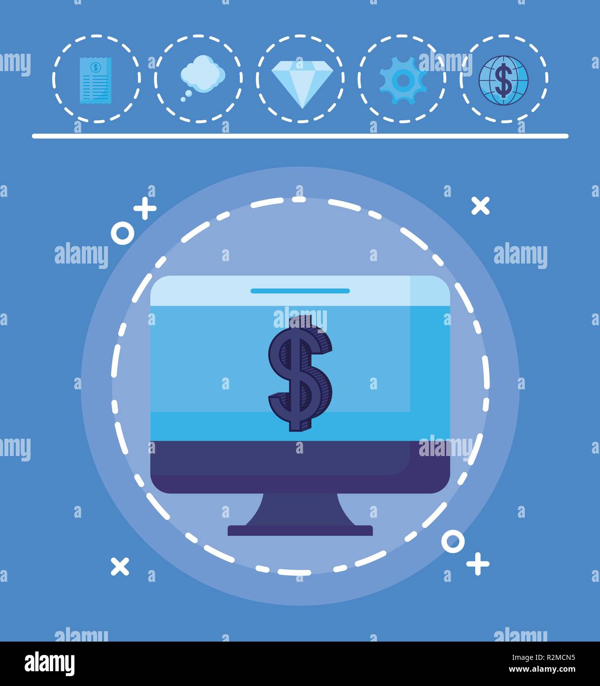 monitor computer with set icons economy finance vector illustration ...