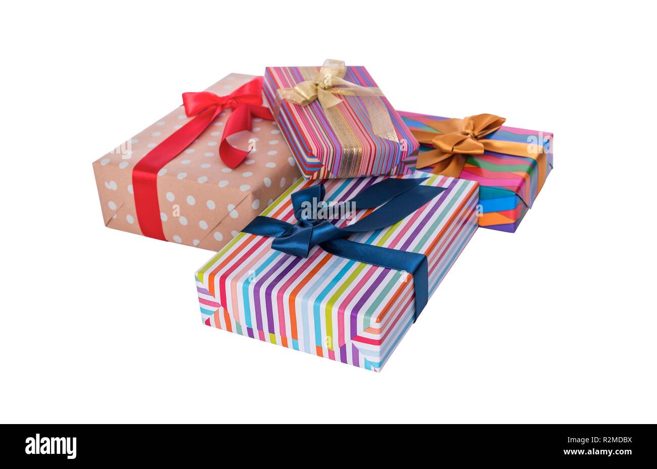 Pile of gifts on white background. Close-up Stock Photo - Alamy