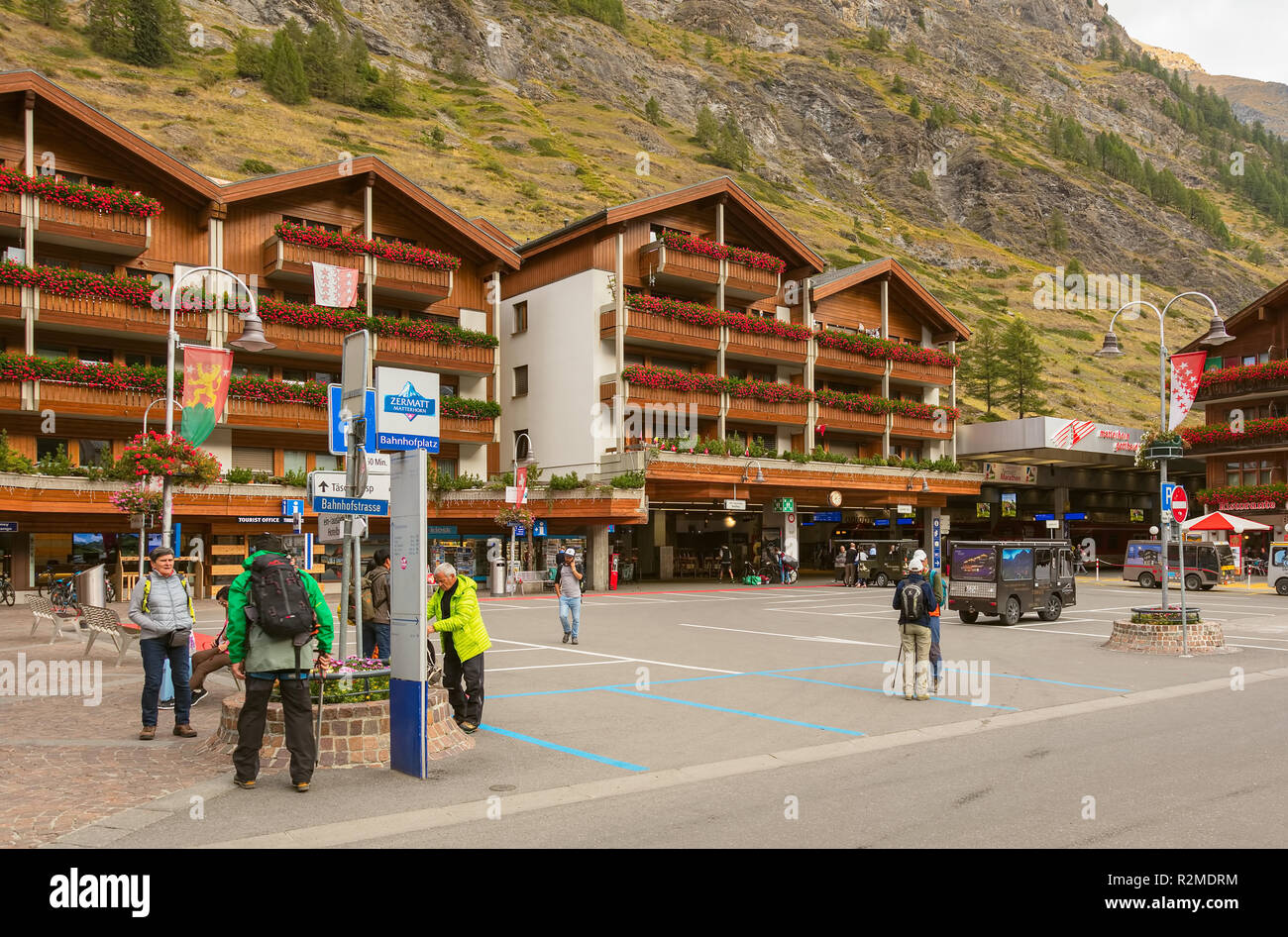 Zermatt, Switzerland - September 16, 2018: Bahnhofplatz square at the ...