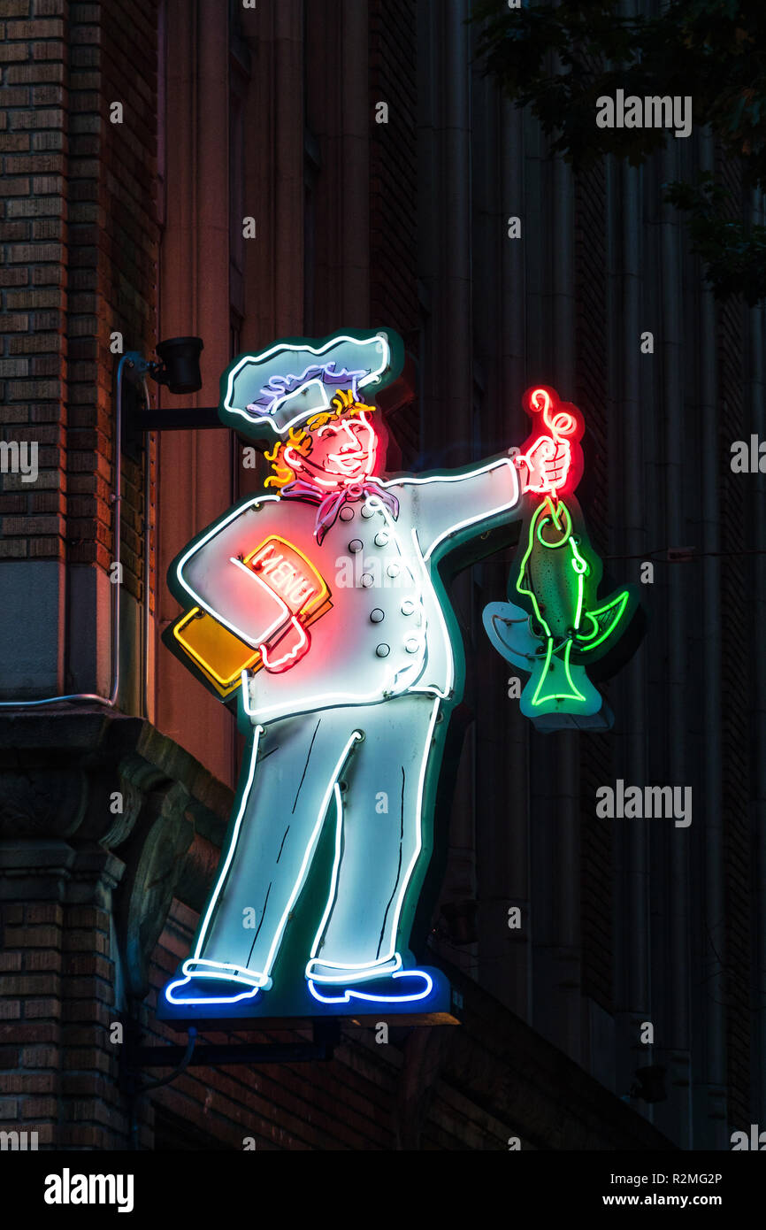 Seattle, restaurant, neon sign, advertisement, cook with fish Stock ...