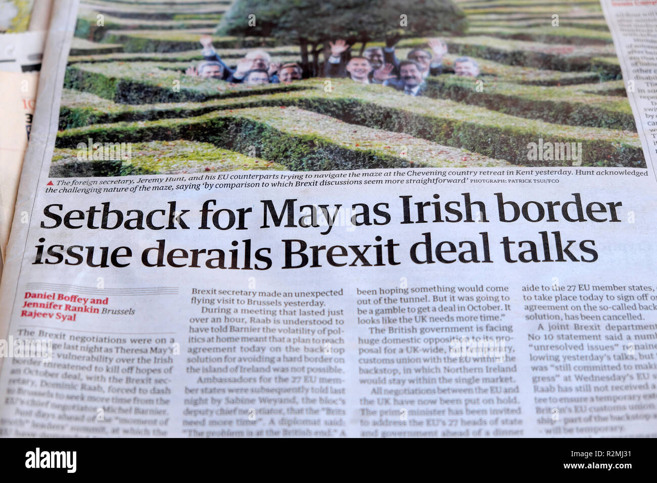 Guardian newspaper headline front page "Setback for May as Irish border ...