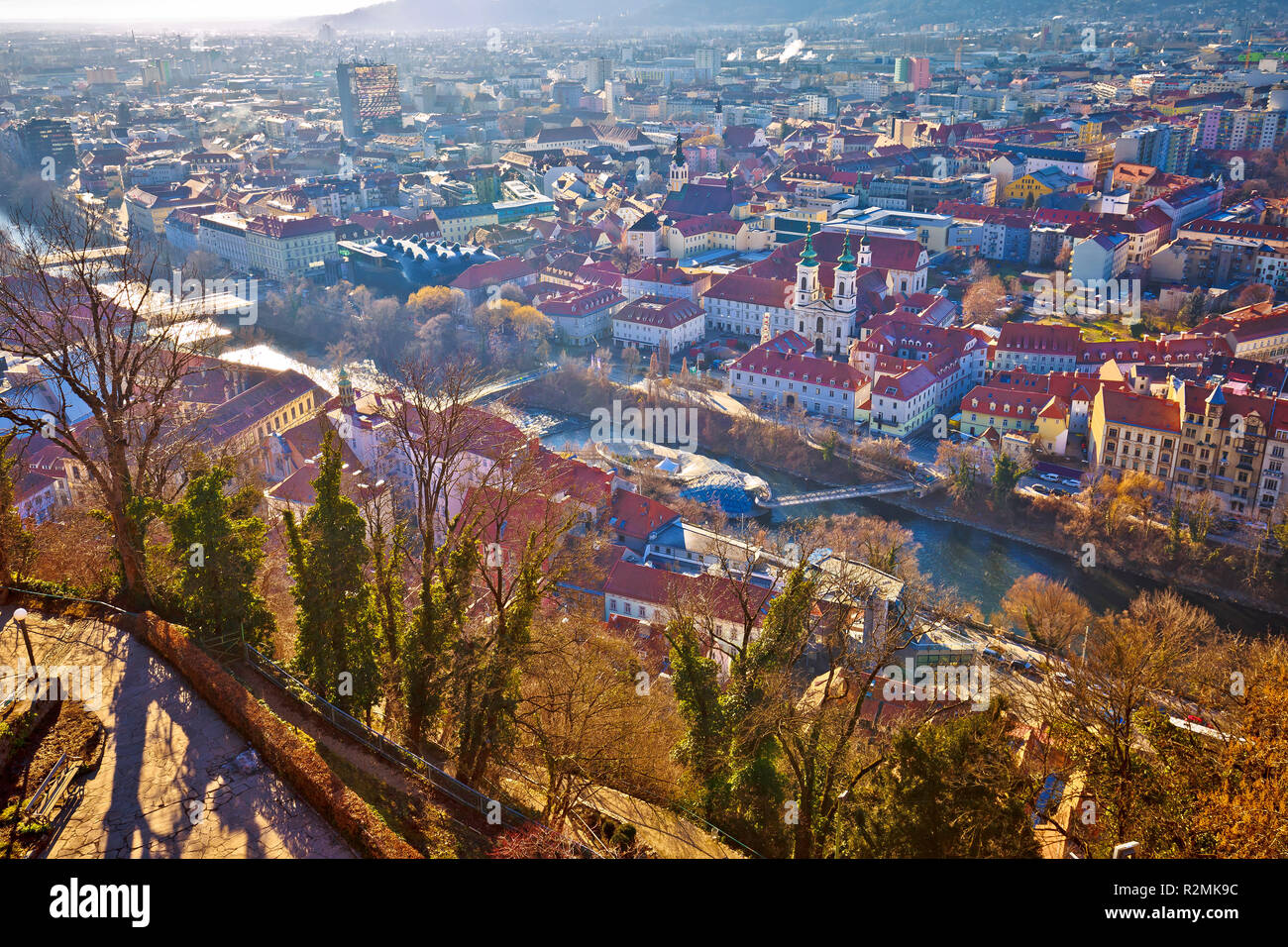 Graz city center and Mur river aerial view, Styria region of Austria ...