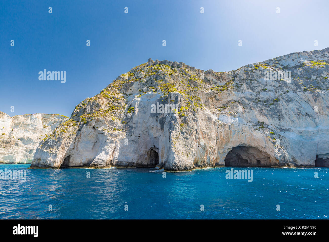Greece, cliff landscape with sea as travel destination island with blue ...