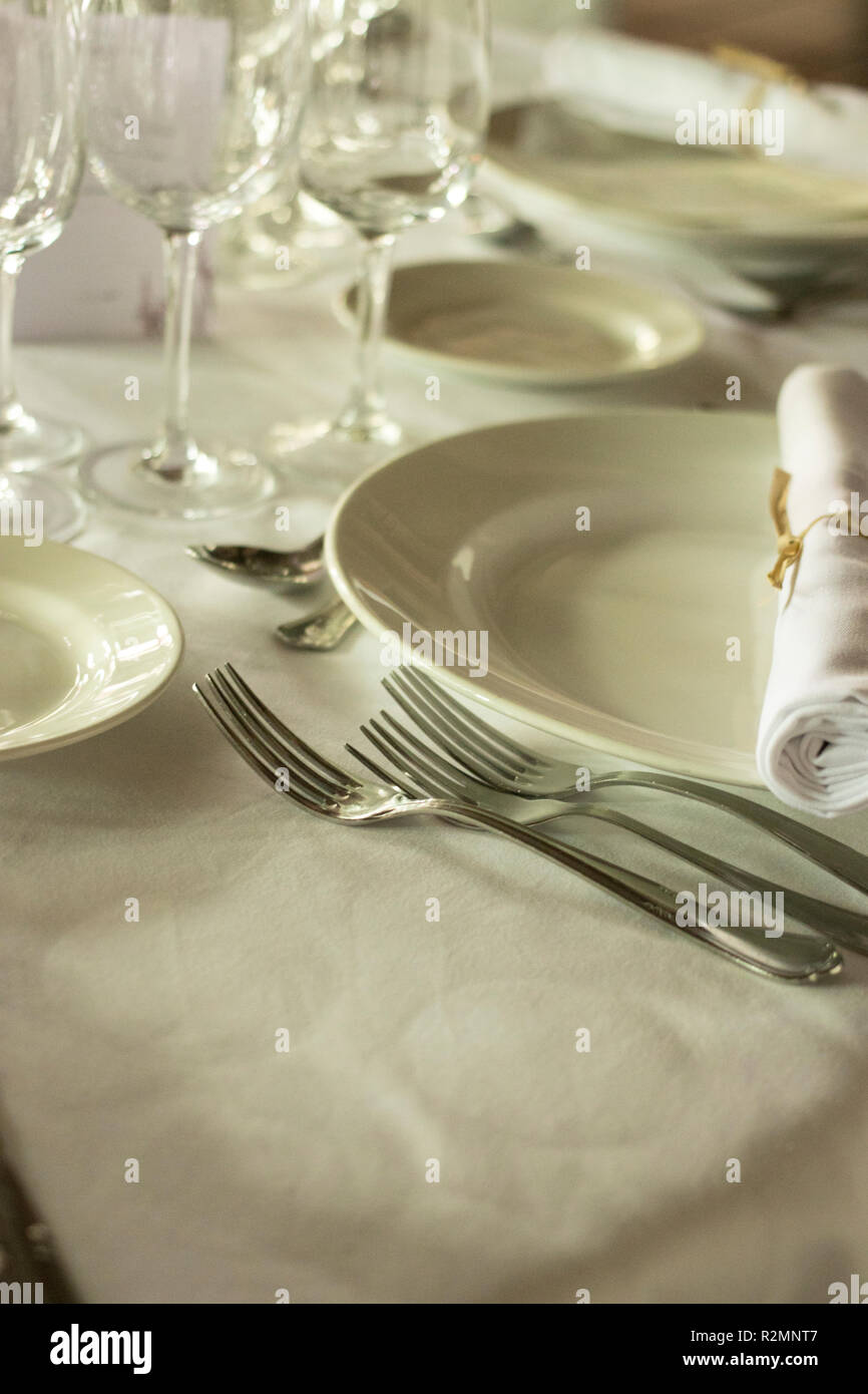 Wedding reception banquet dinner party table place settings set in ...