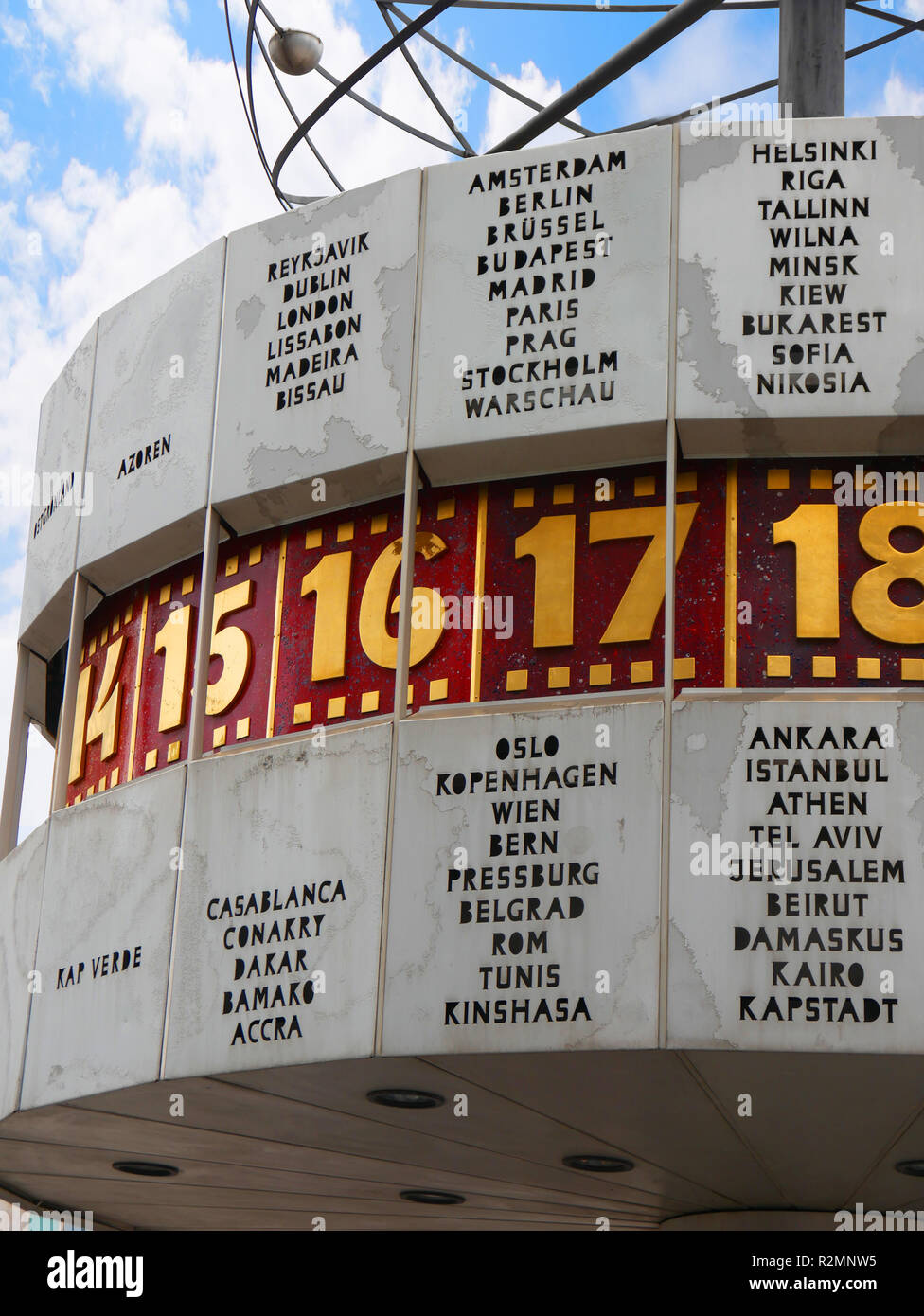 World Clock showing times across the world in the busy Alexanderplatz ...