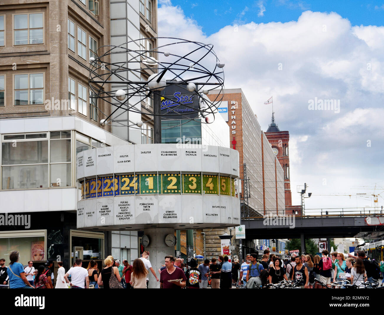 World Clock showing times across the world in the busy Alexanderplatz ...
