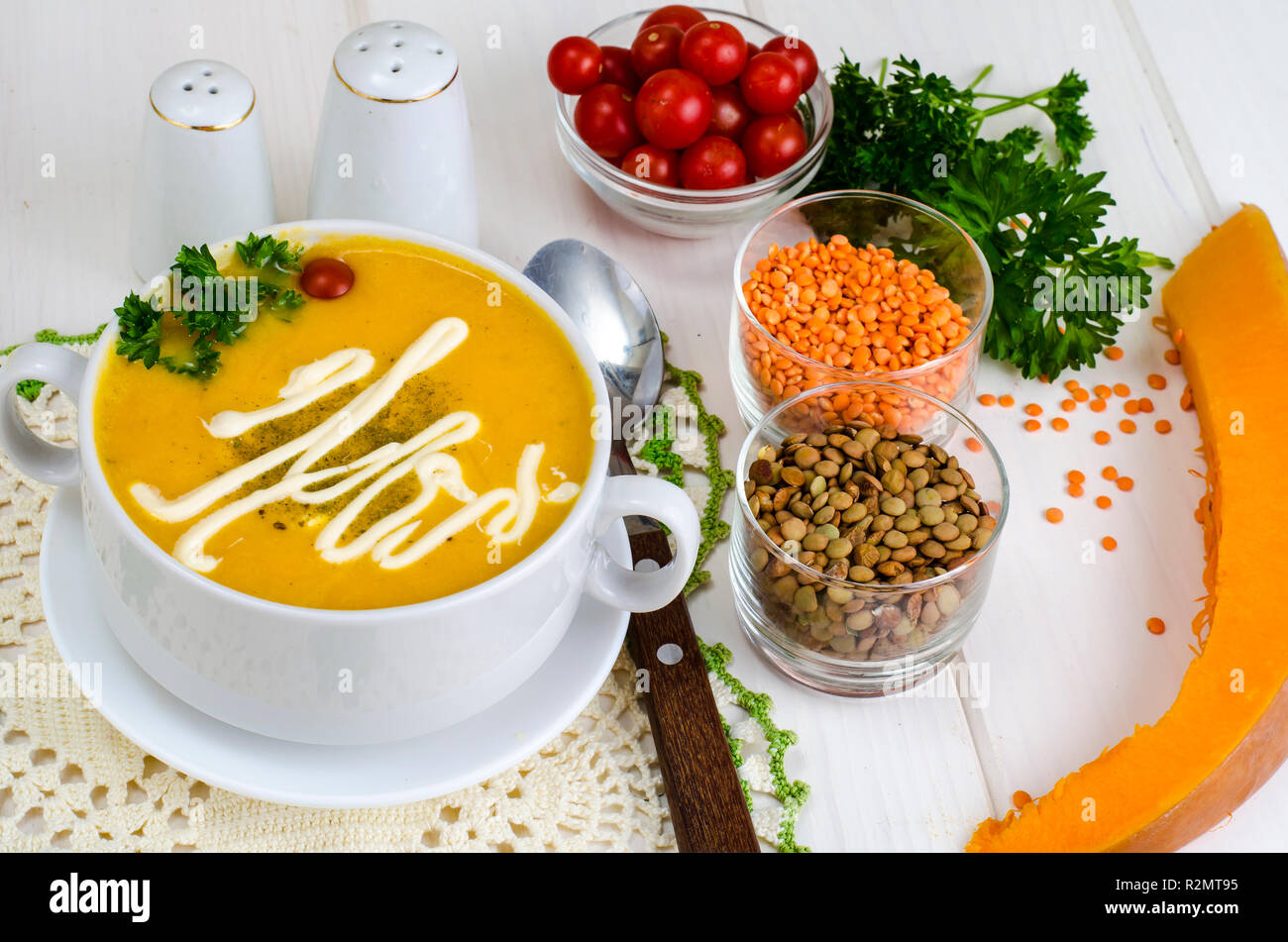 Vegetable soup puree with lentils and pumpkin. Studio Photo Stock Photo ...
