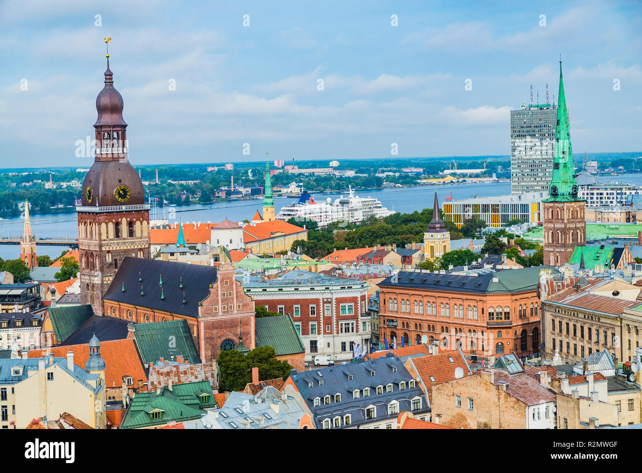 Riga old town from St. Peter's Church. The Riga Dome Cathedral bell ...