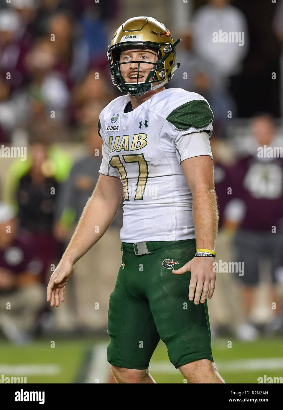 College Station, TX, USA. 17th Nov, 2018. UAB Blazer quarterback, Tyler ...