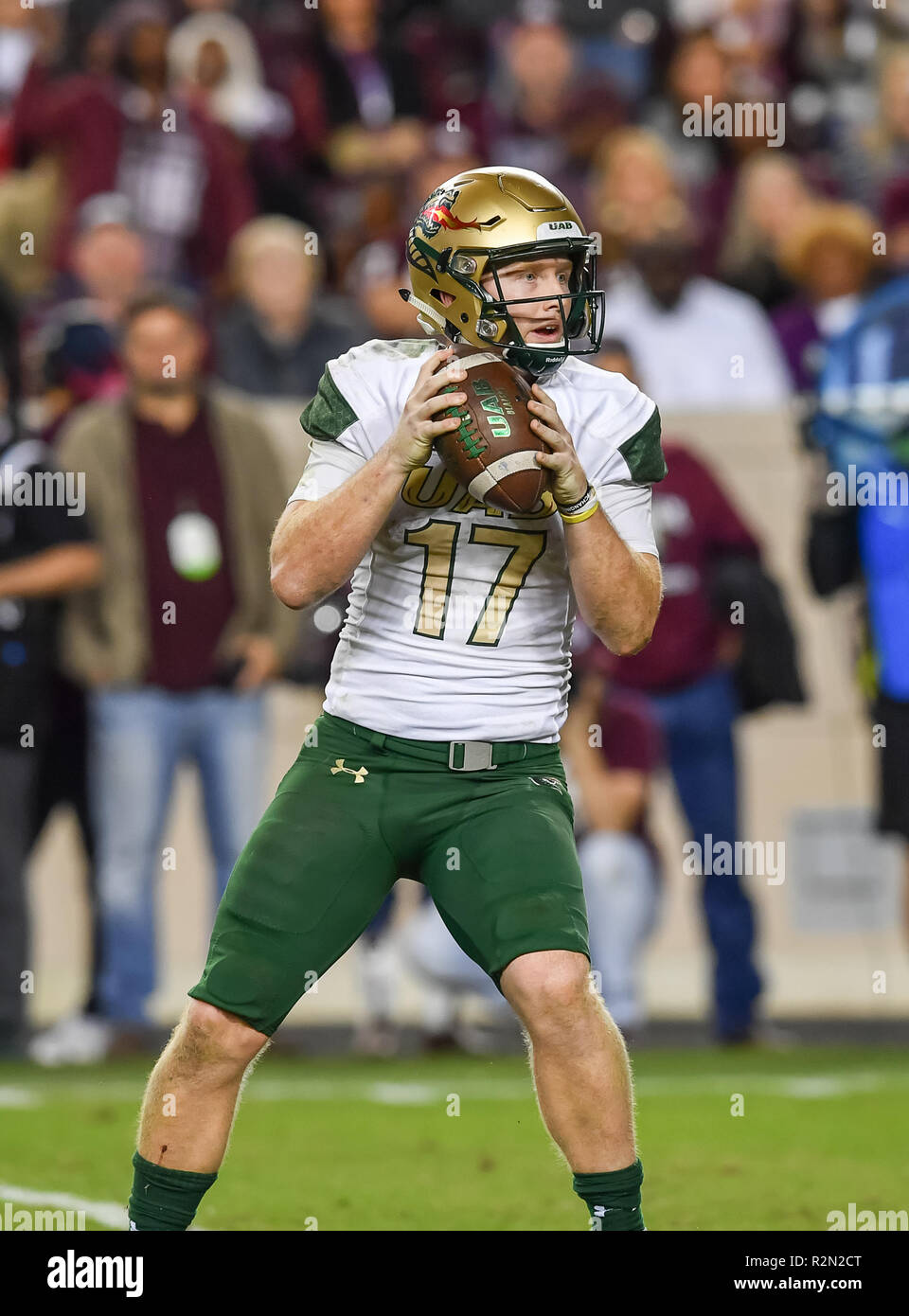 College Station, TX, USA. 17th Nov, 2018. UAB Blazer quarterback, Tyler ...