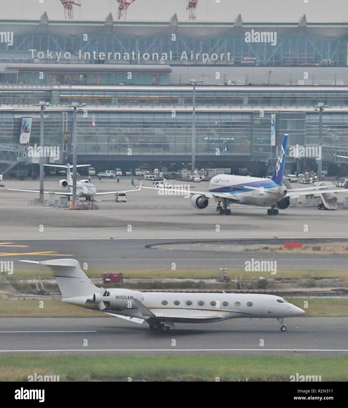A Nissan owned Gulfstream G550 (N155AN) is seen arriving at Tokyo ...