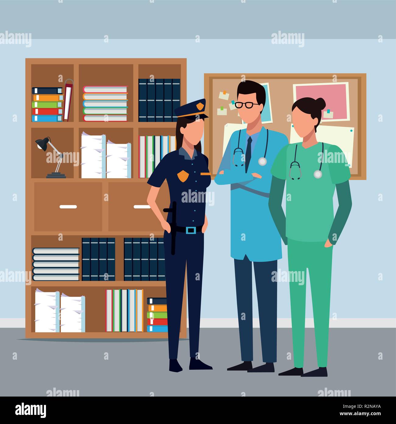 Doctors and woman police officer inside office building vector ...