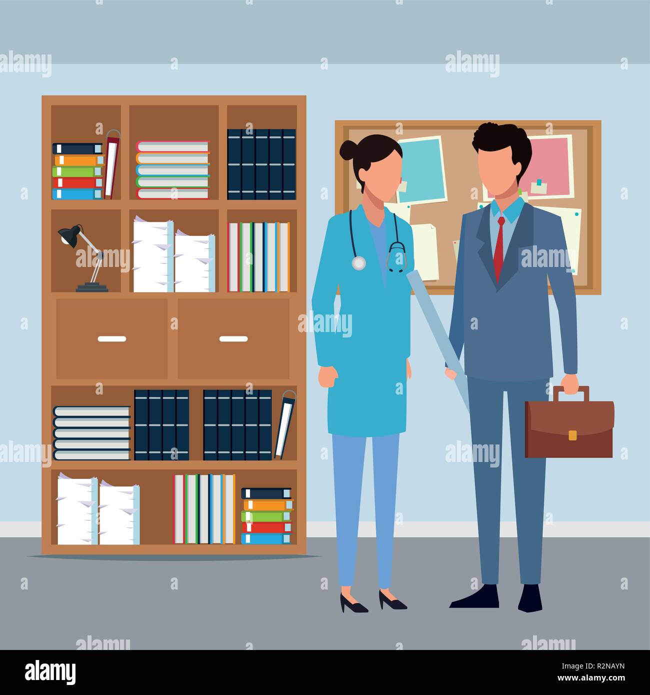 Doctor and businessman with briefcase inside office building vector ...