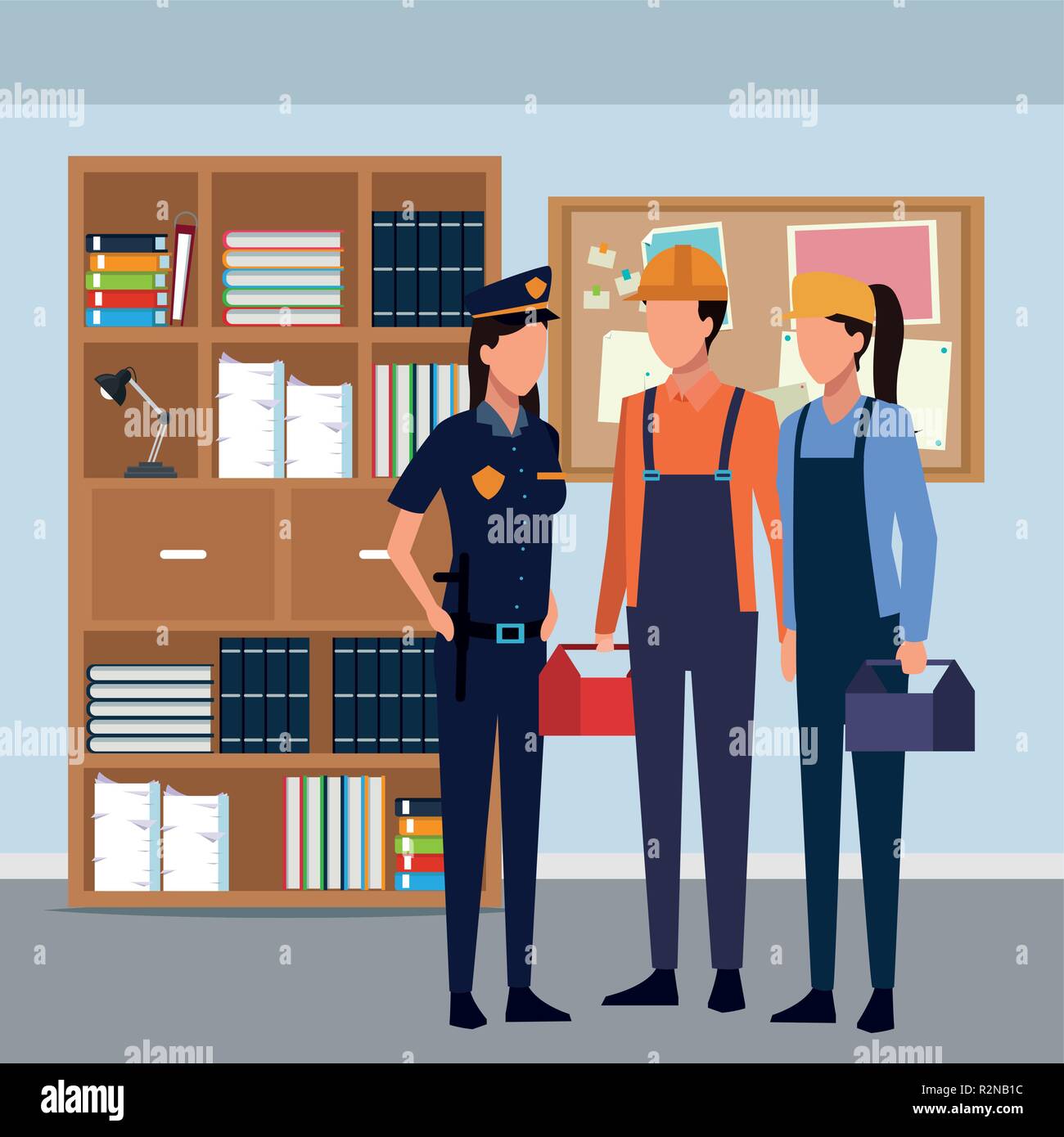 Woman police officer and construction workers inside office building ...