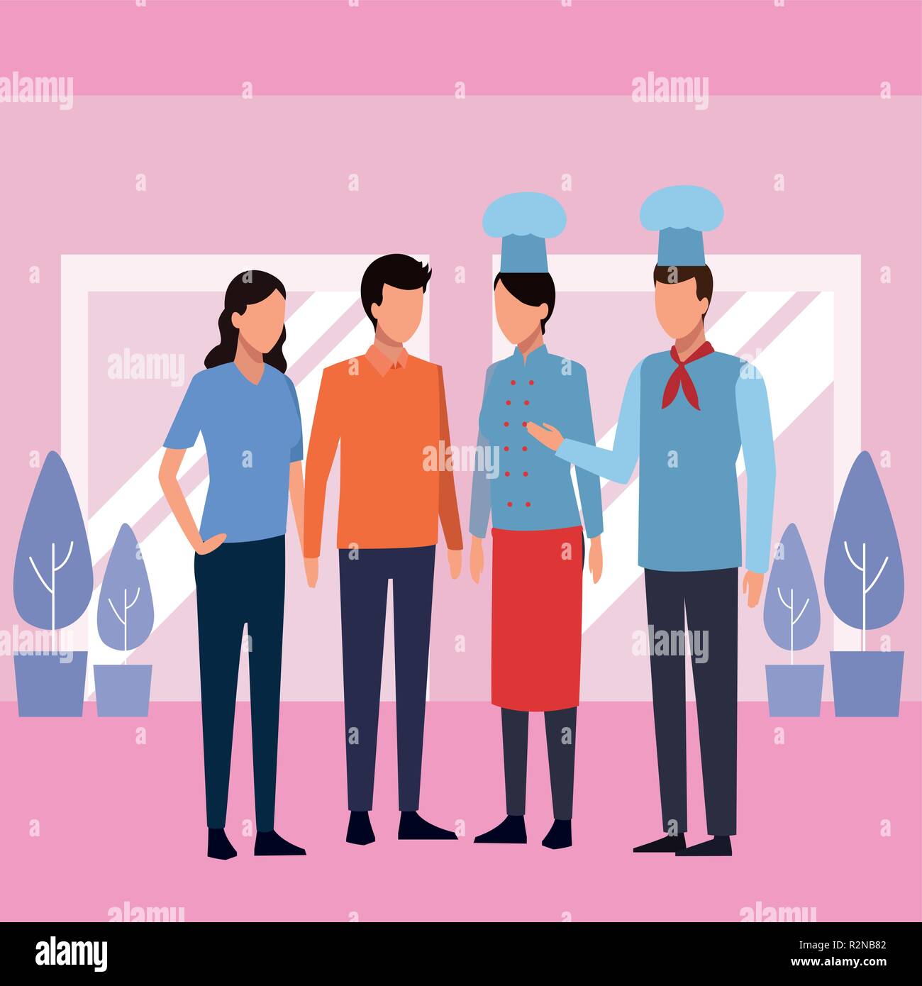 Chefs talking with costumers cartoons inside office building vector ...