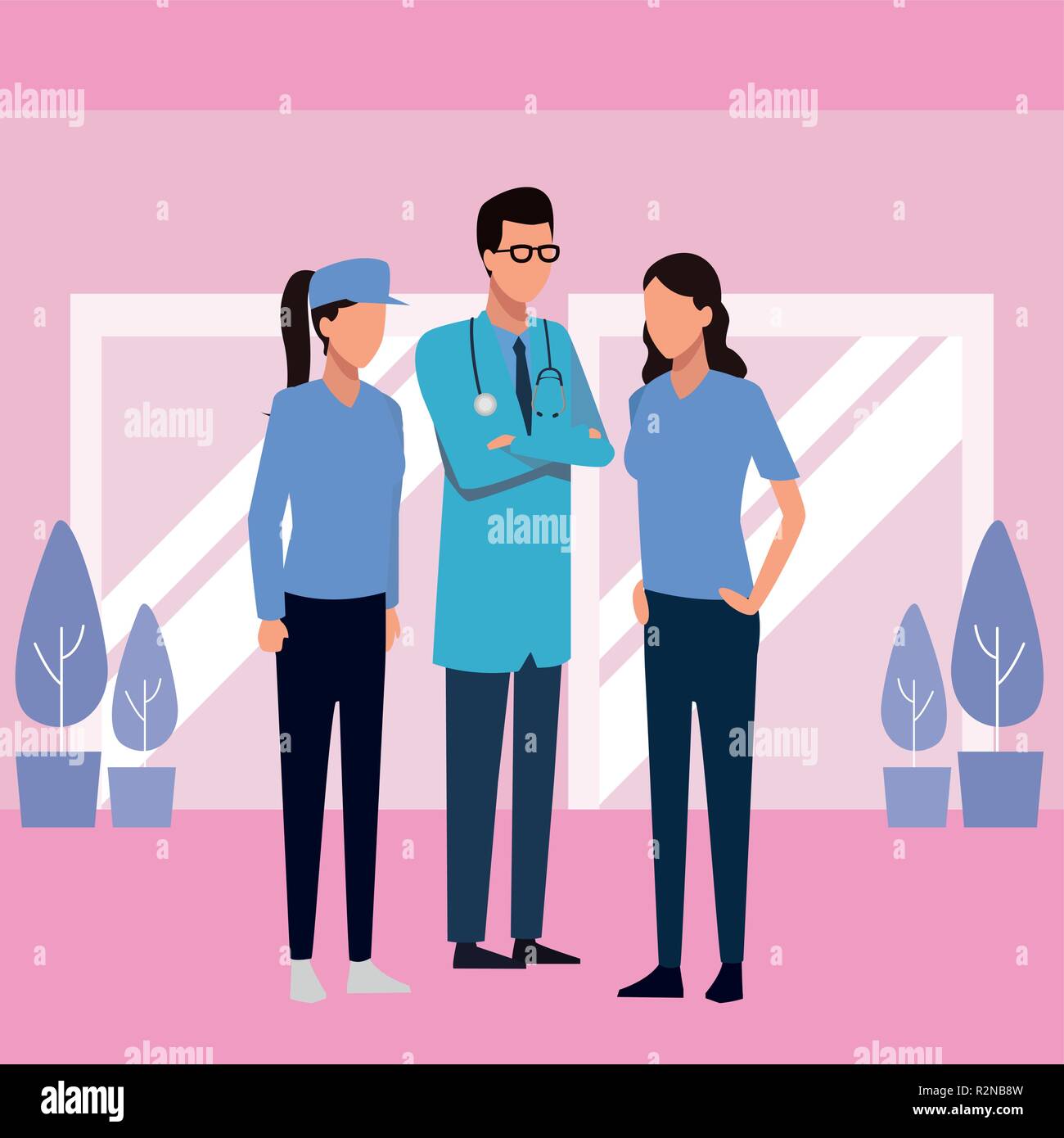 Doctor with women patients inside office building vector illustration ...