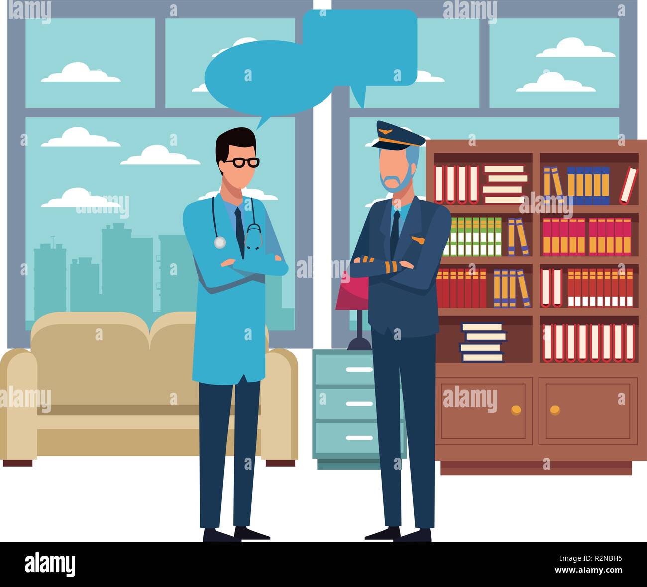 Doctor and police officer with speech bubbles inside office with ...