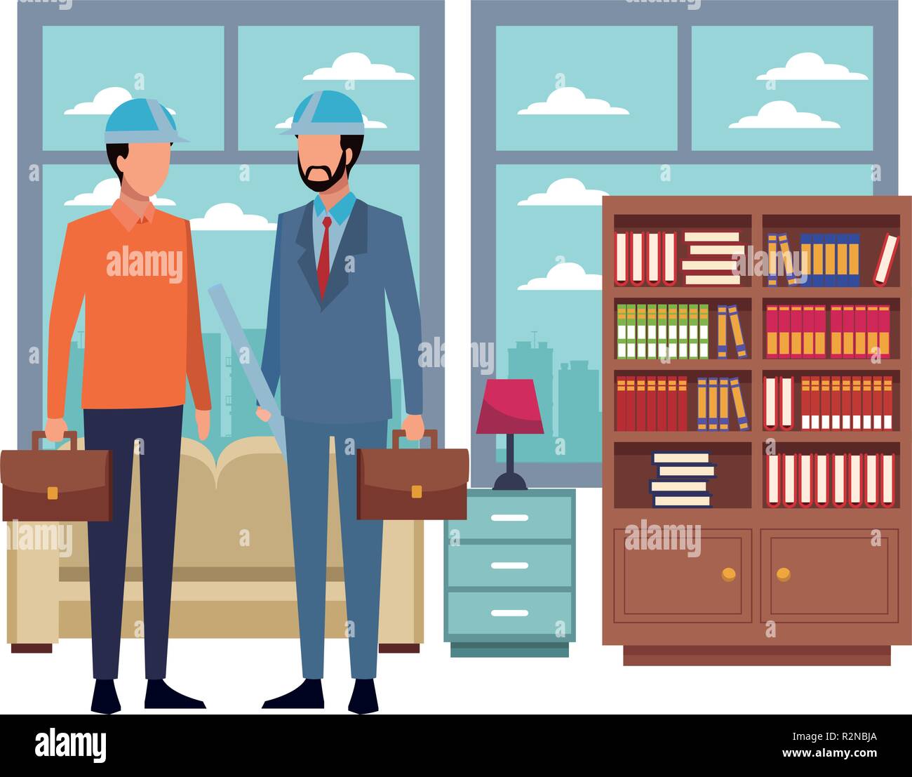 architect and engineer worker with briefcase inside office with ...