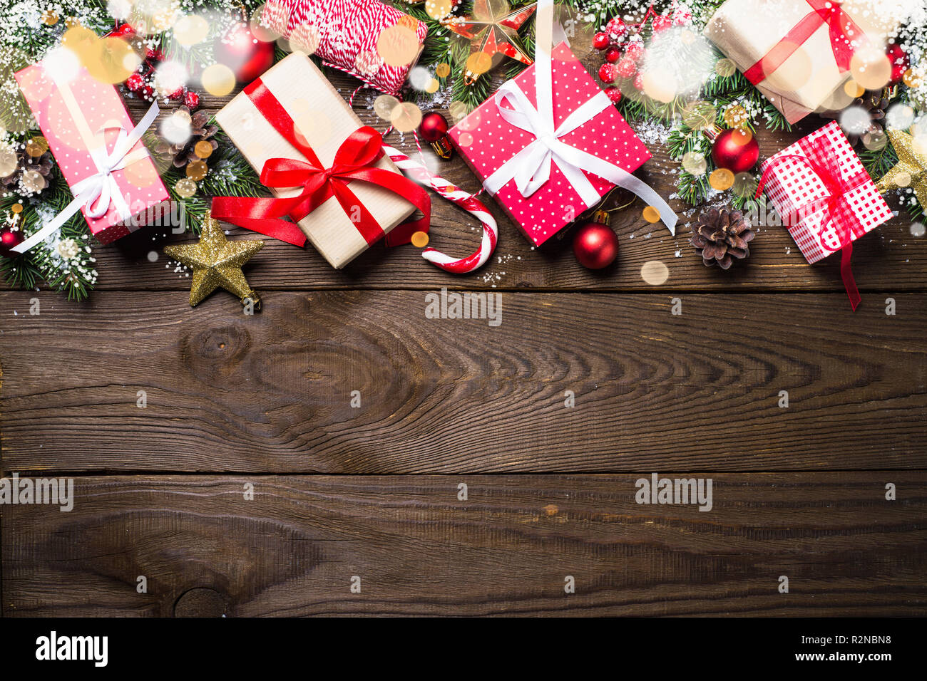 Christmas background with present and decorations Stock Photo - Alamy