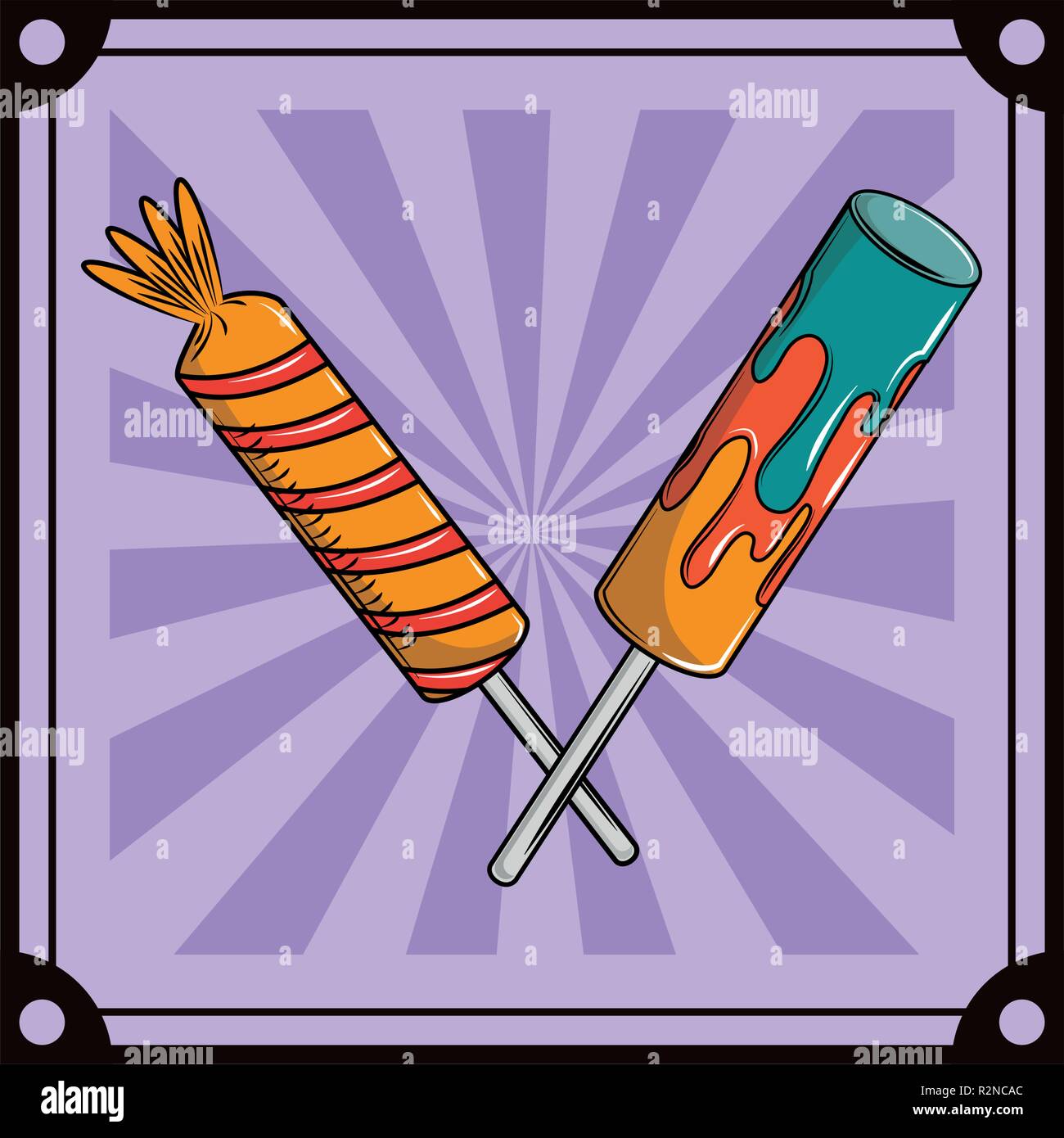 Lollipops crossed cartoons over striped vintage frame vector ...