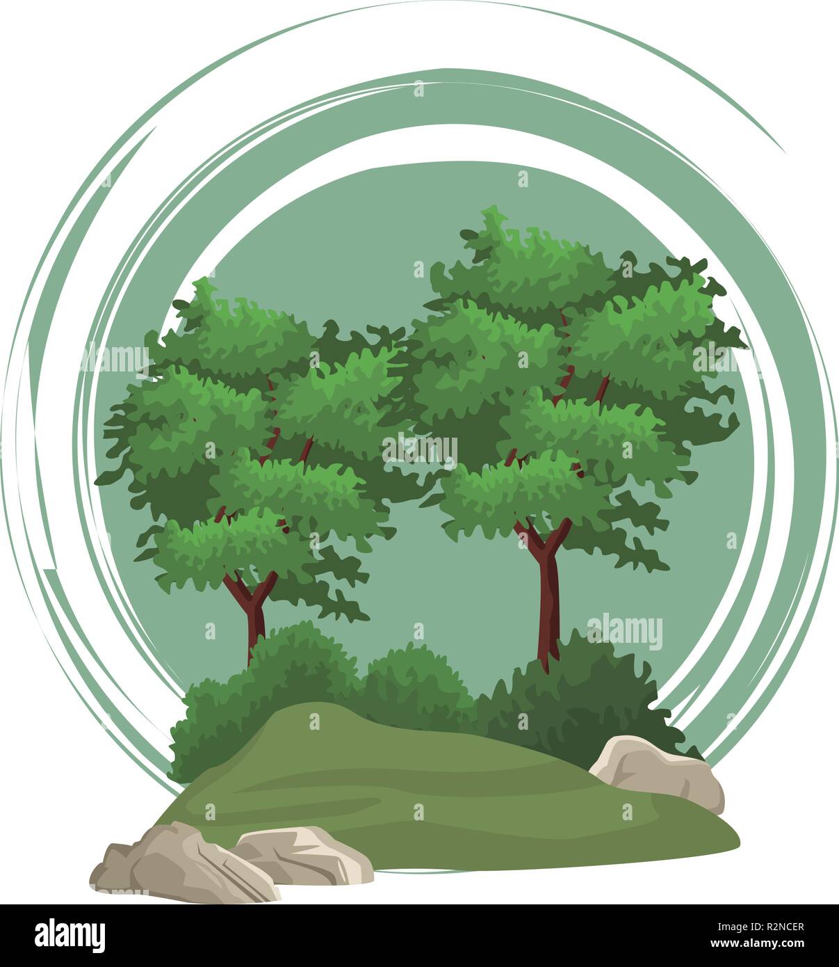Trees with bushes and rocks nature landscape cartoon vector ...