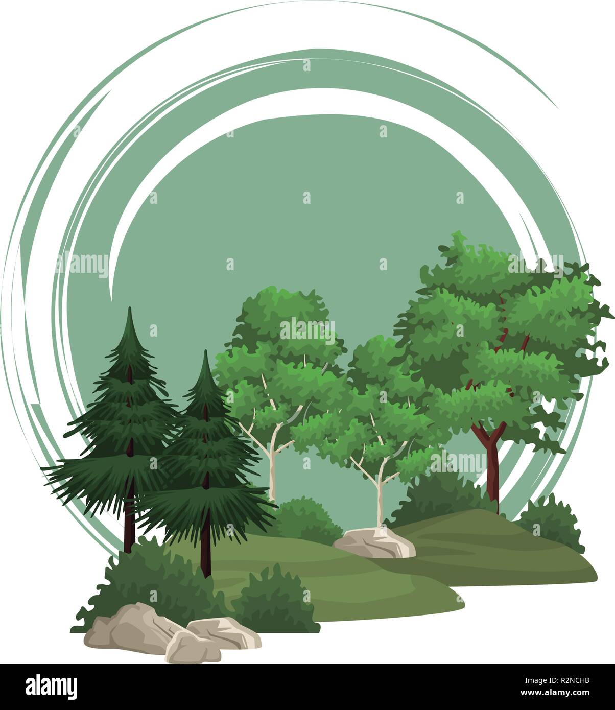 Trees with bushes and rocks nature landscape cartoon vector ...