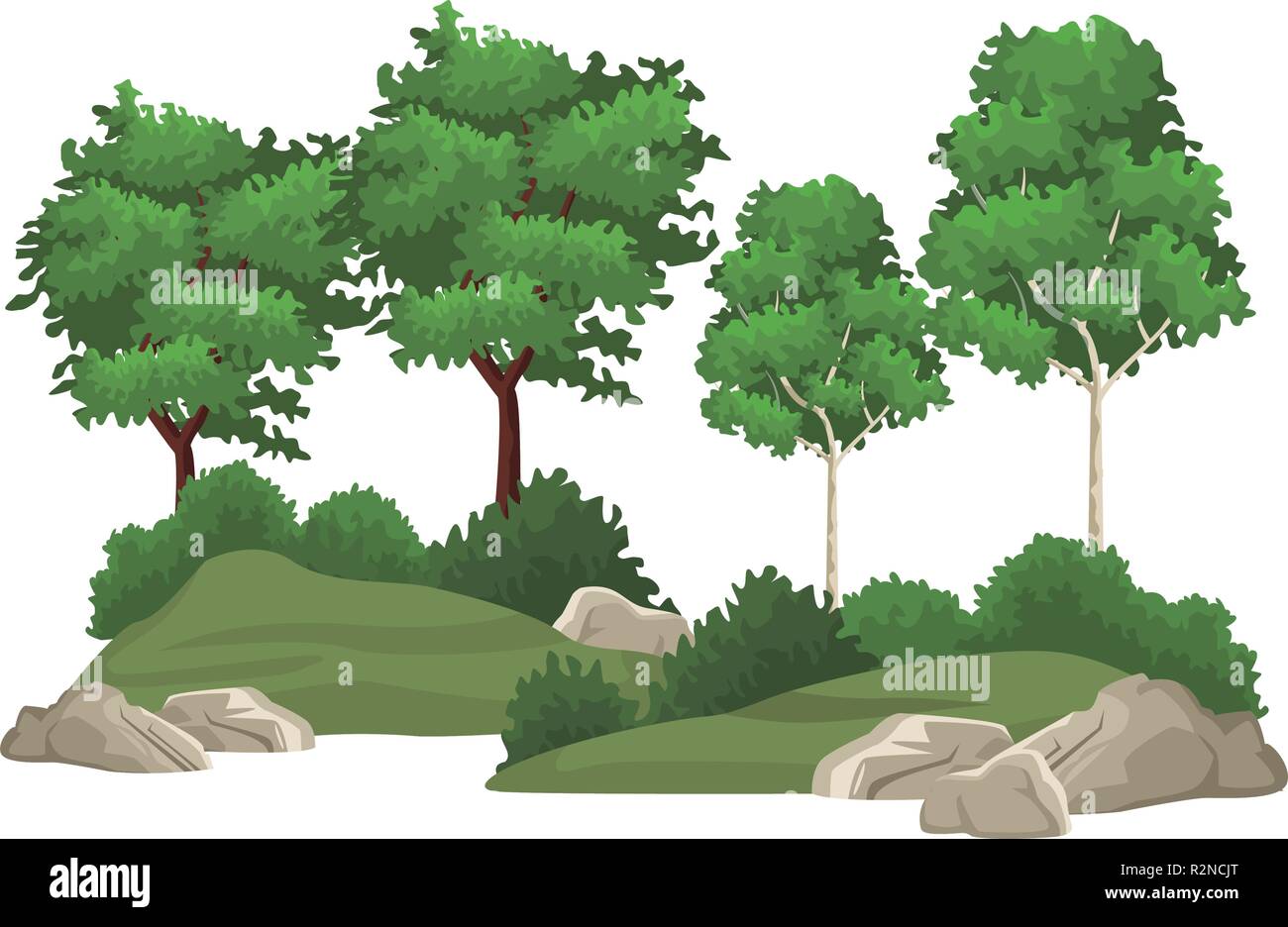 Trees with bushes and rocks nature landscape cartoon vector ...