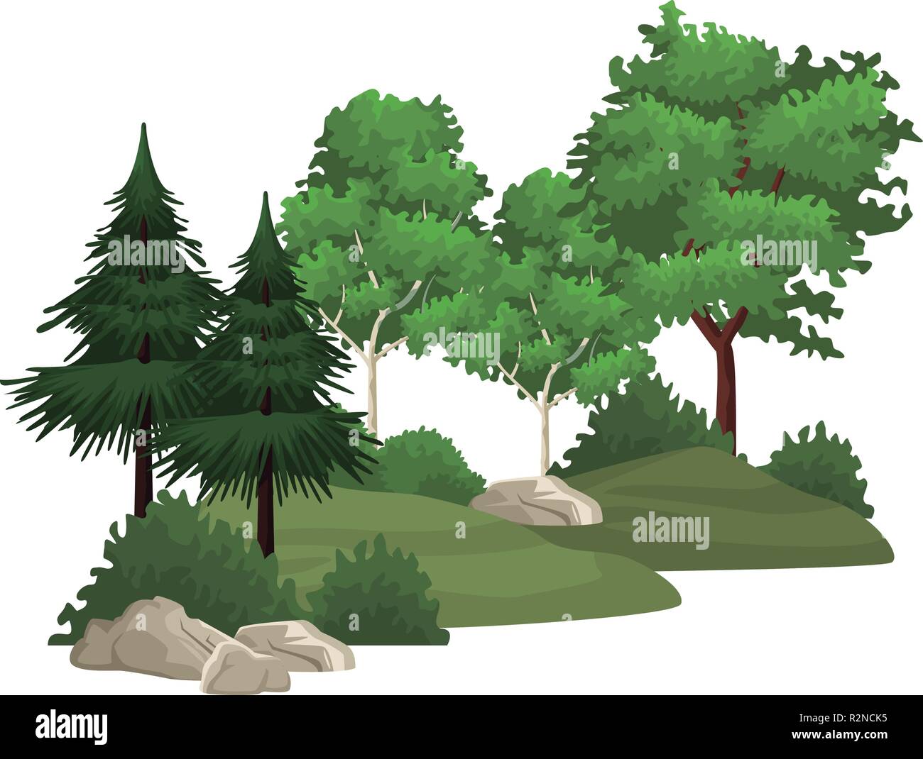Trees with bushes and rocks nature landscape cartoon vector ...