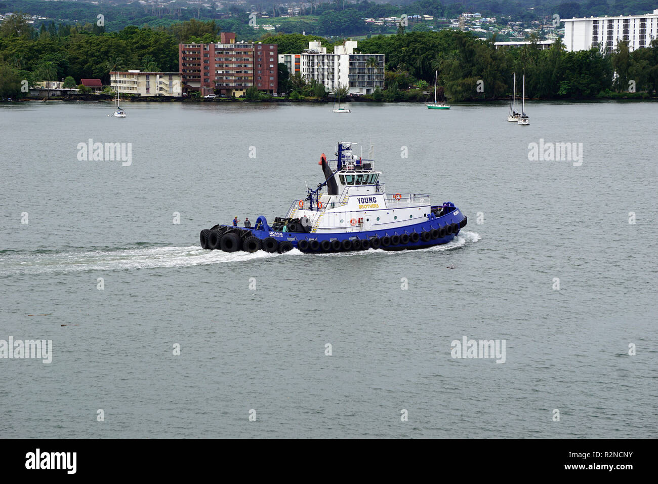 Tugboat in the Hilo harbor on the Island of Hawaii (the Big Island ...