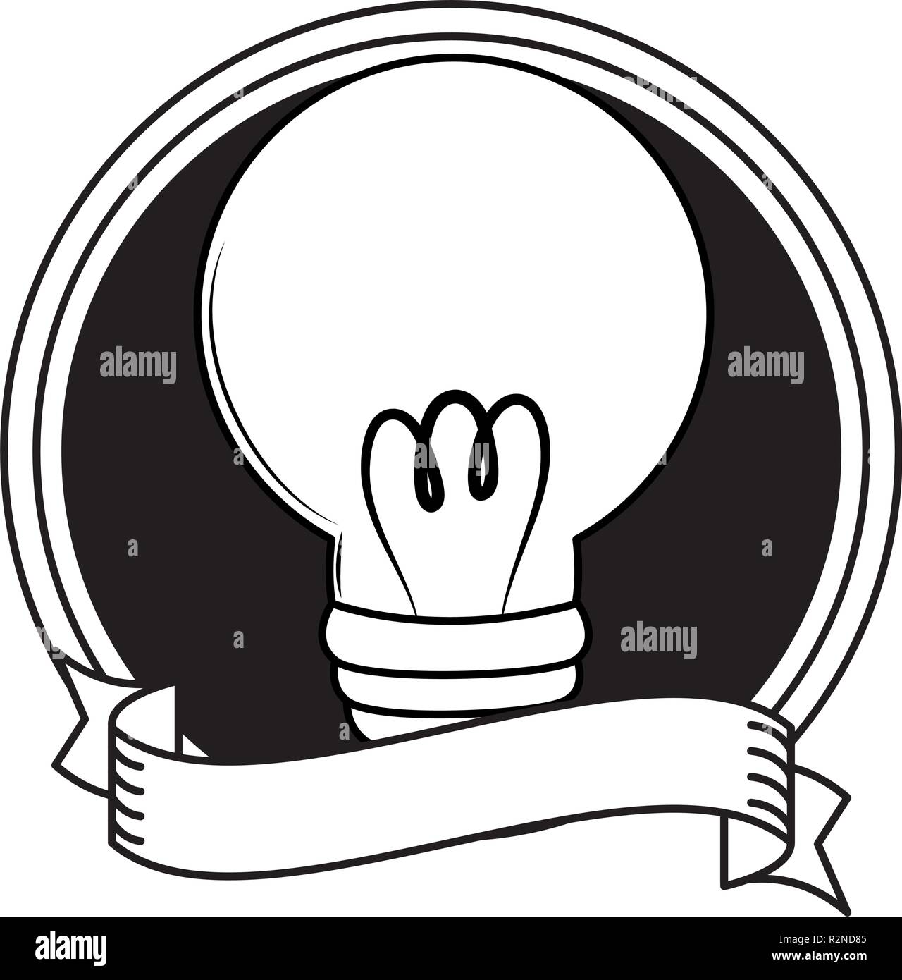 Bulb light cartoon round frame with blank ribbon banner vector ...